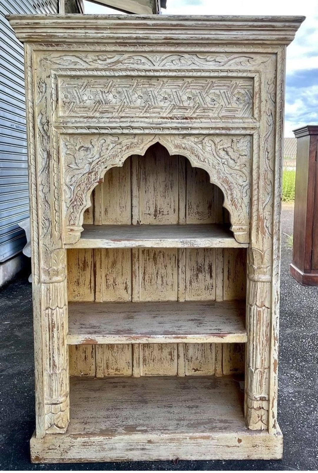 Boho Book Shelf, Carved Wooden Cabinet, Rustic White Book Shelf ...