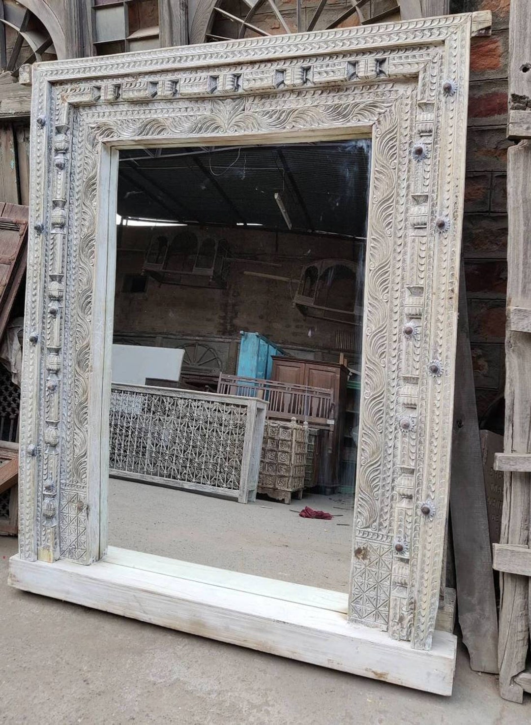 The Padmavati Indian Rustic Large Mirror, Carved Wooden Mirror ...