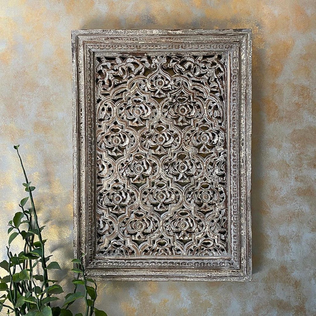 Antique Inspired Wall Panel With Intricate Floral Carvings, Carved ...