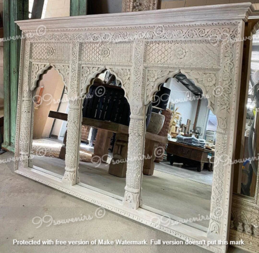 Jharokha Mirror, Indian Rustic Arch Mirror, Carved Wooden Wall Mirror ...