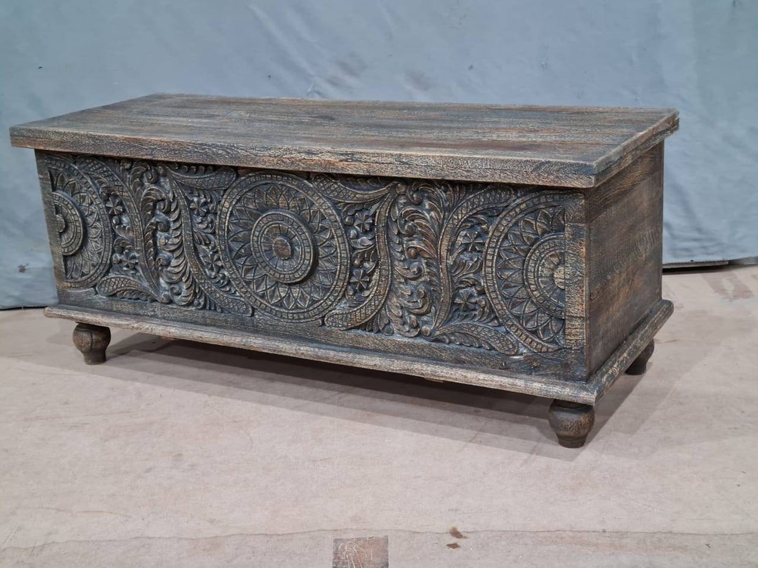 Vintage Style Indian Trunk, Carved Storage Box, Indian Damchiya, Wooden ...