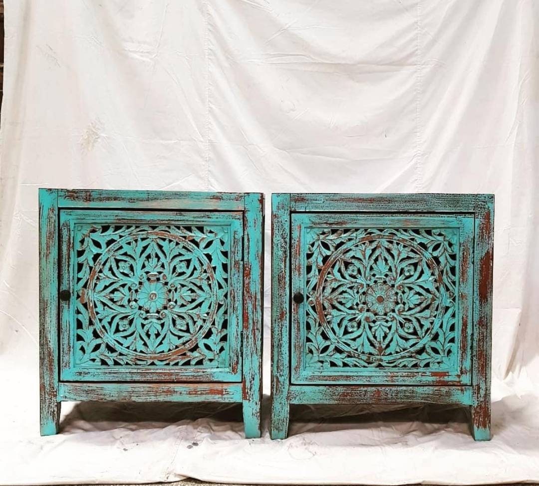 Rustic Side Table, Indian Carved Bedside Table, Vintage Inspired Wooden ...