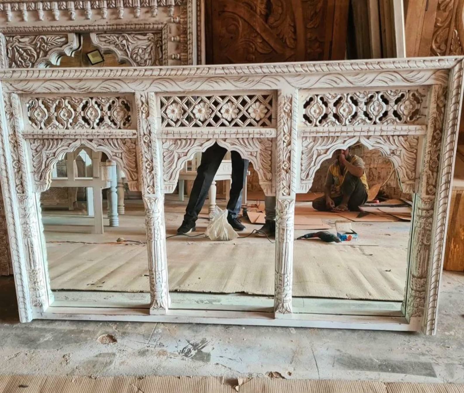 Indian Jharokha Mirror, Long Arch Wall Mirror, Carved Wooden Mirror ...
