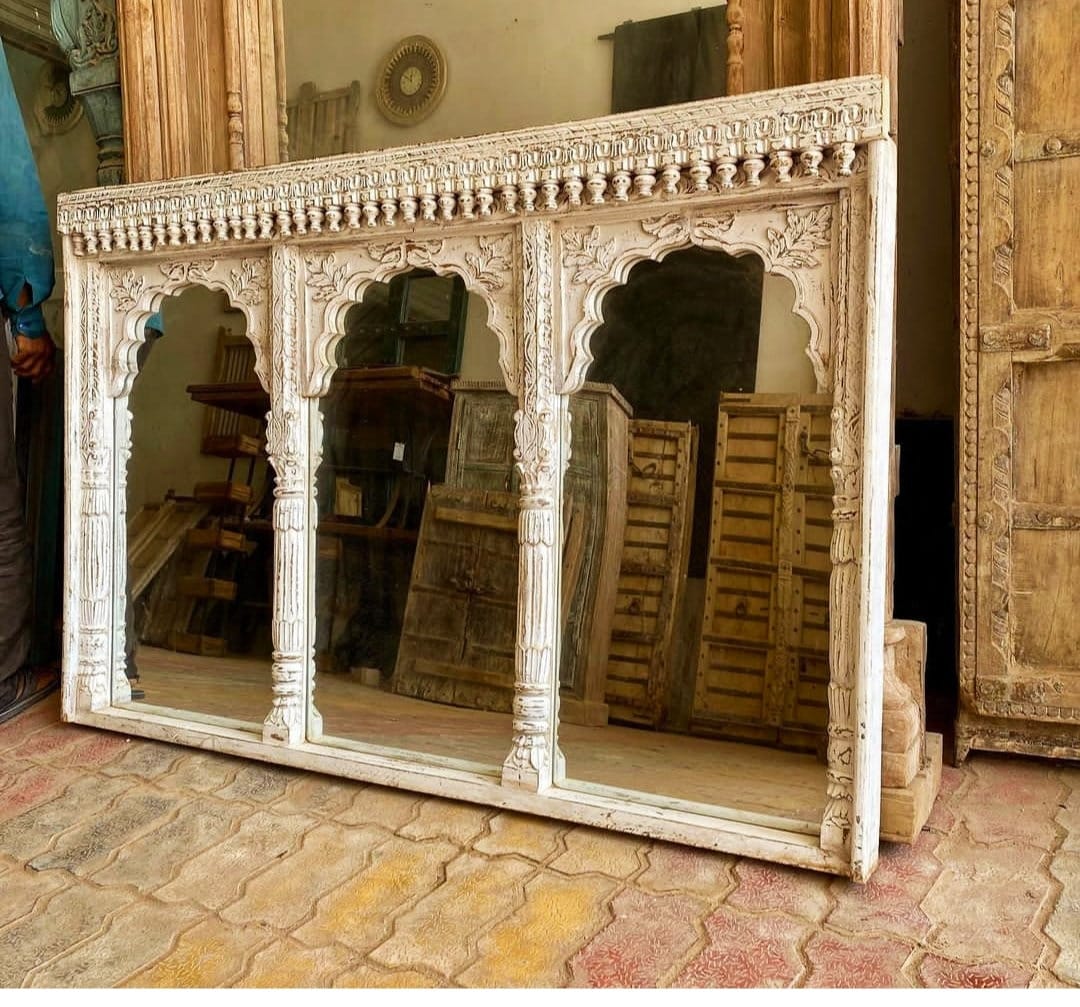 Indian Jharokha Mirror, Arch Carved Wooden Mirror, Rustic White Mirror ...