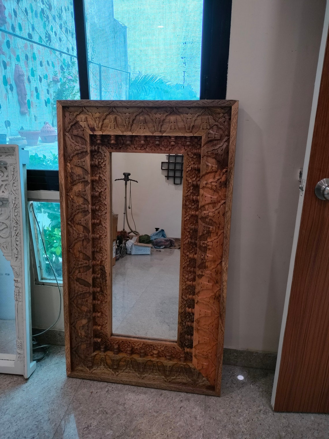 Antique Style Wall Mirror, Carved Mirror in Natural Wood Finish, Rustic ...