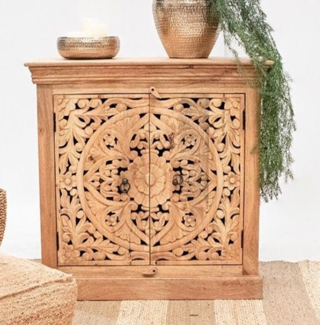 Indian Rustic Cabinet, Carved Wooden Dresser, Boho Living Room Cabinet ...