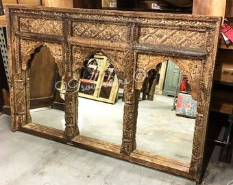 The Awadh Indian Rustic Spindle Mirror Carved Wooden Wall - Etsy