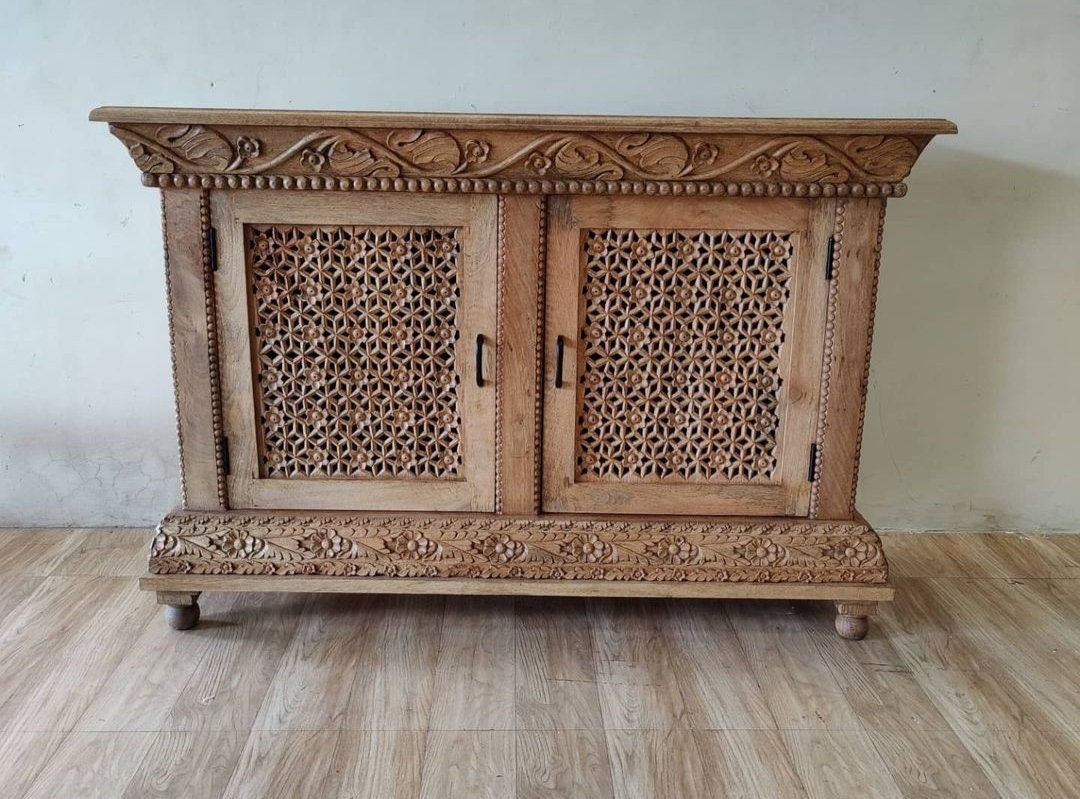 Indian Rustic Cabinet, Carved Wooden Dresser, Boho Living Room Cabinet ...