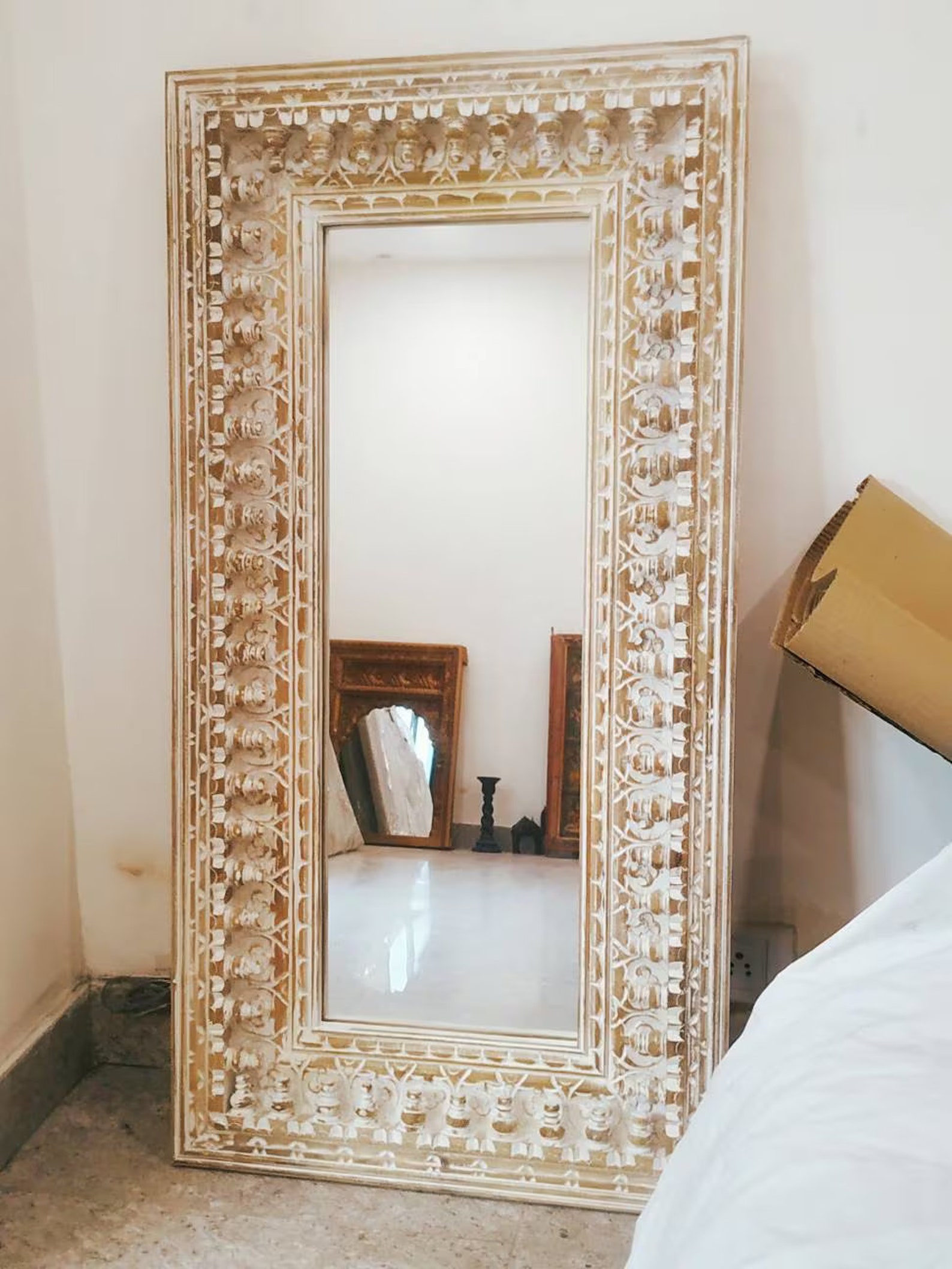 Boho Wall Mirror, Rustic White Mirror, Wooden Mirror Frame, Indian ...
