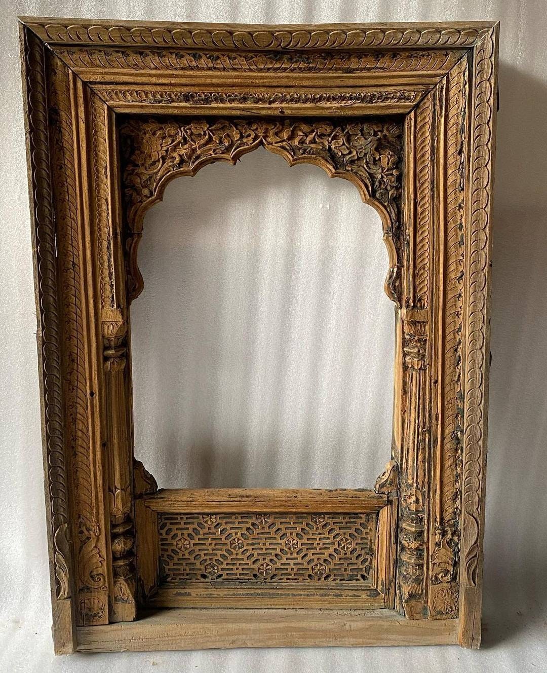 The Deoli Indian Vintage Inspired Mirror, Hand Carved Wooden Wall Frame ...