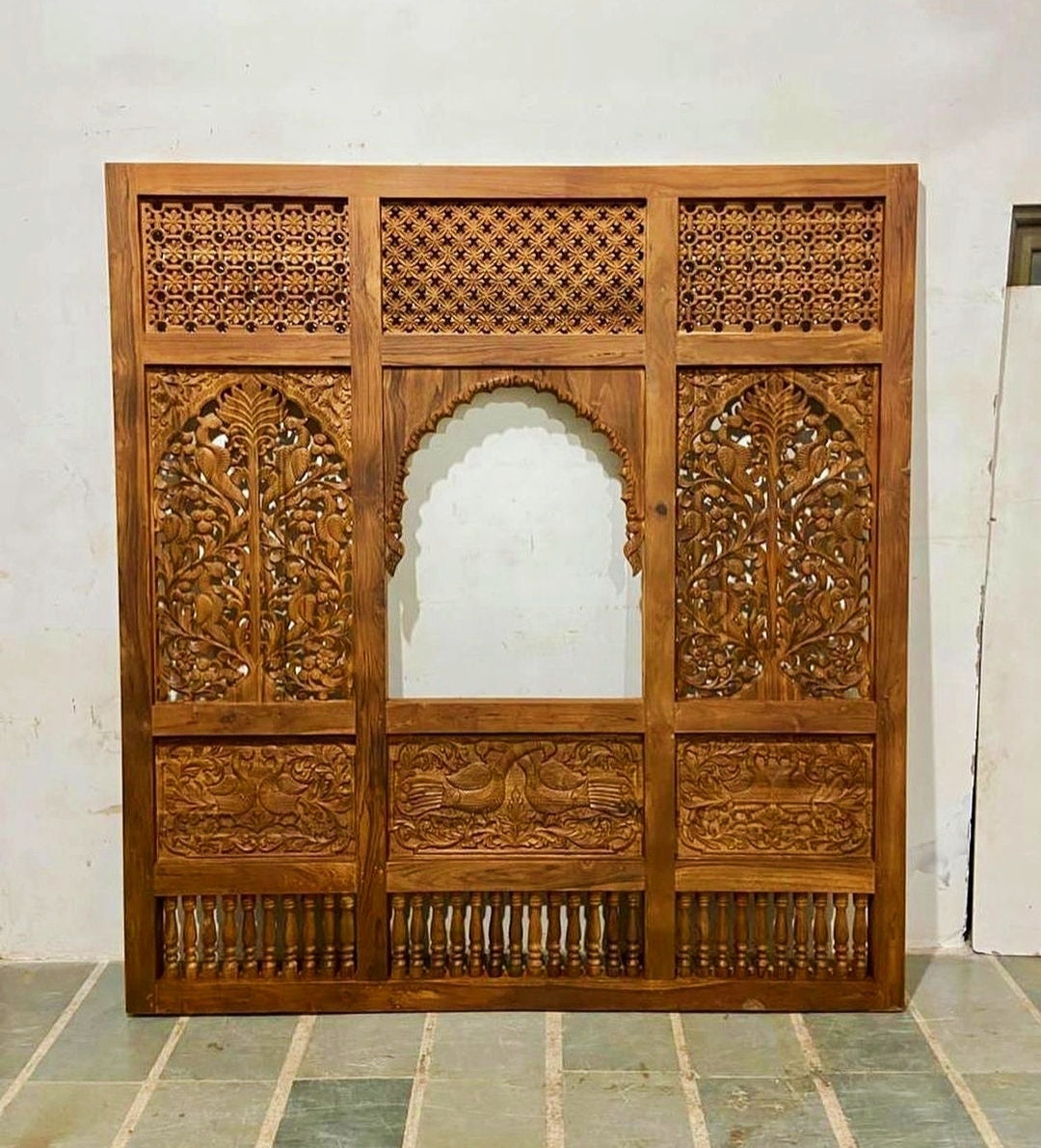 Large Wall Panel, Wooden Wall Hanging, Carved Boho Decor Panel, Mughal ...