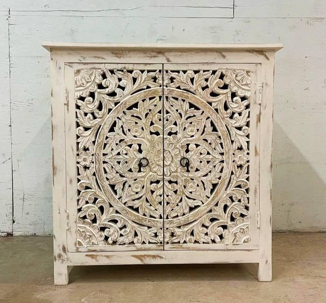 Vintage Style Indian Cabinet, Floral Carved Rustic White Wooden Console ...