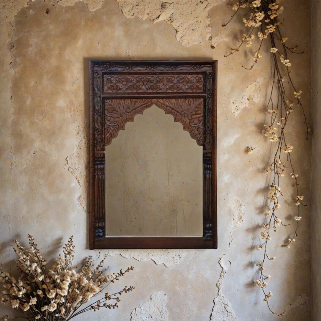 Rustic Wooden Arch Mirror, Carved Wall Mirror, Vintage Inspired Indian ...