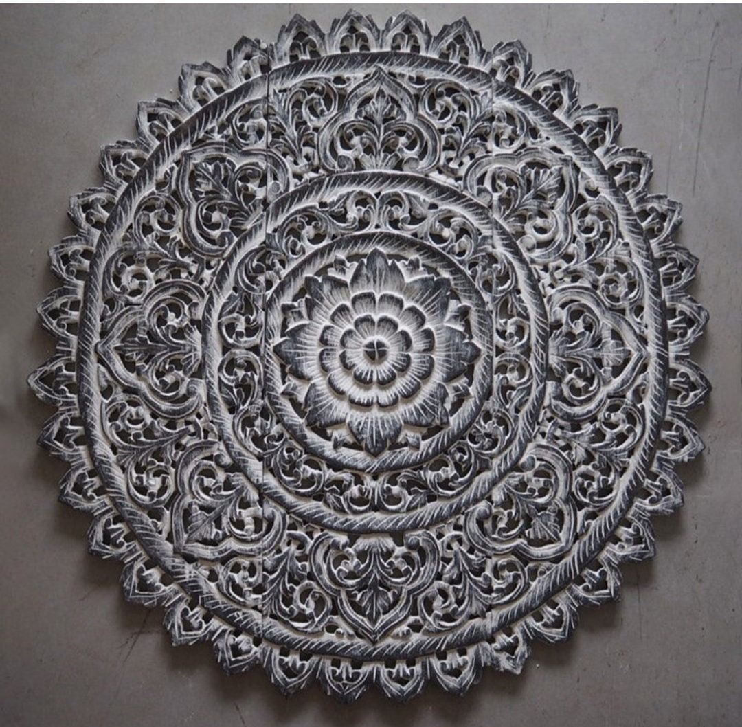 Round Wooden Panel, Intricate Floral Carved Wall Decor, Indian ...