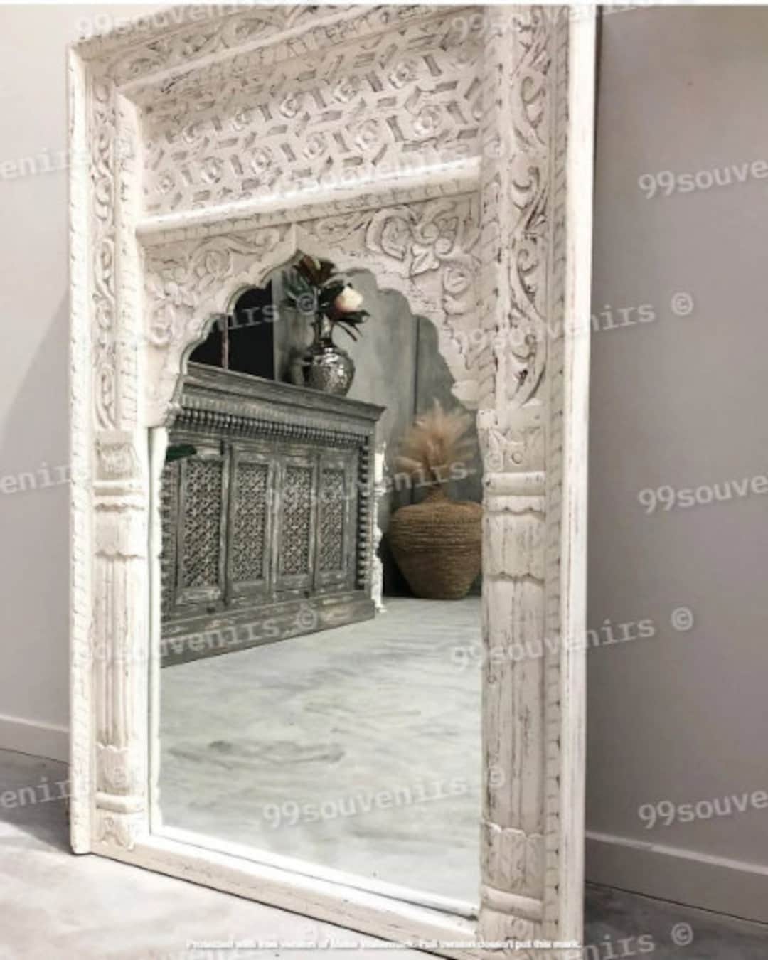 Bohemian Rustic Mirror, White Wooden Wall Mirror, Indian Arch Mirror ...