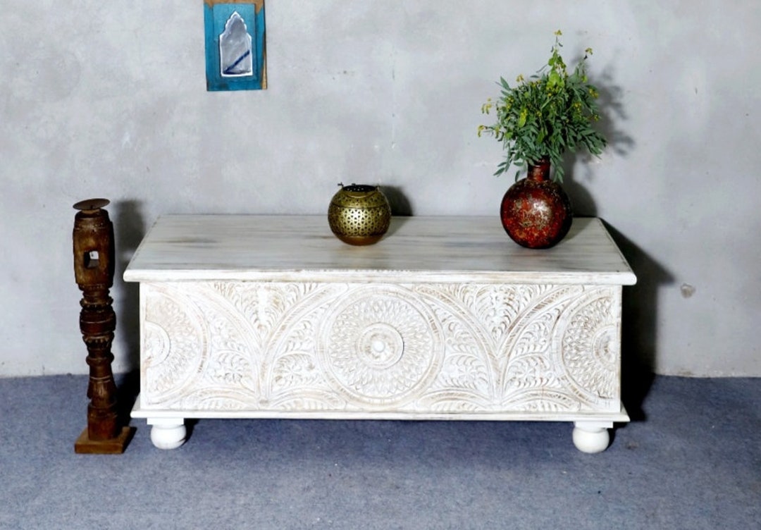 Wooden Trunk, Vintage Inspired Indian Trunk, Rustic White Storage Box ...