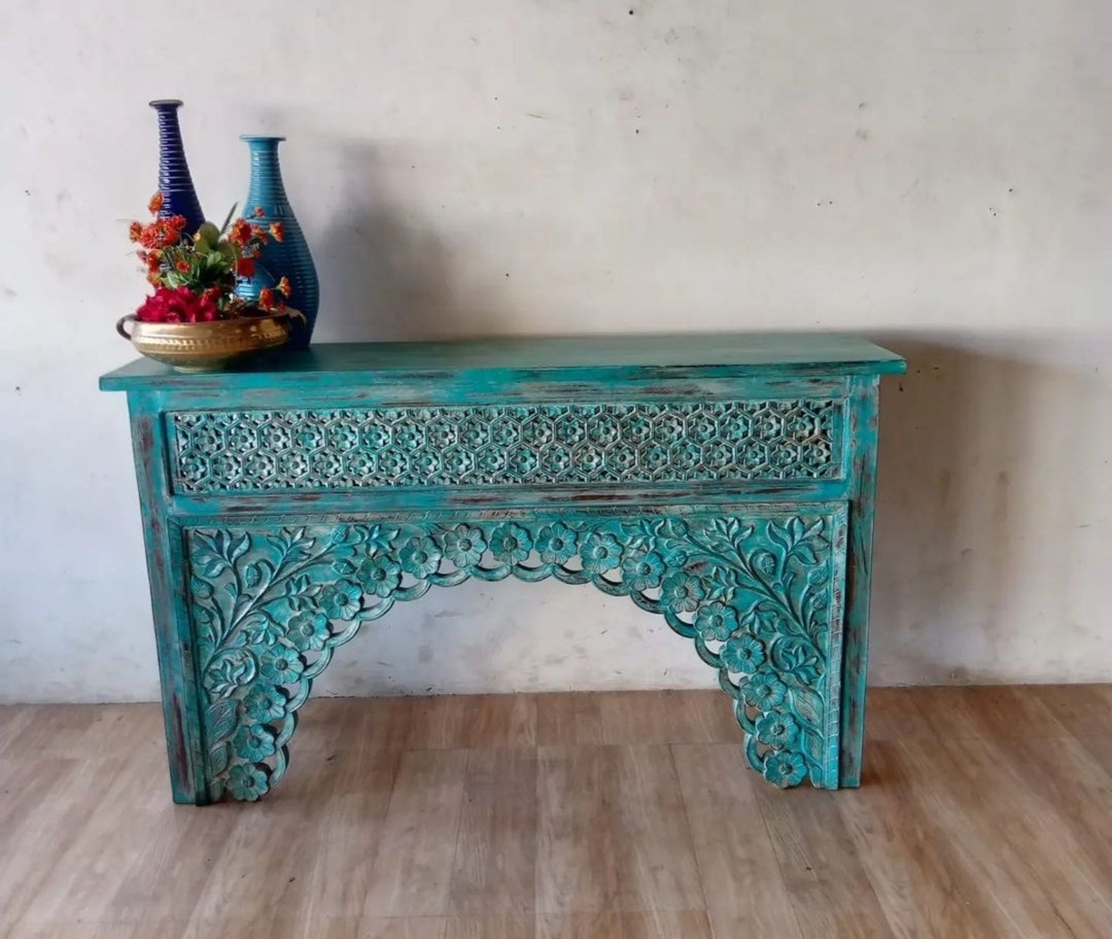Antique Inspired Wood Console for Bohemian Home, Vintage Style Carved ...