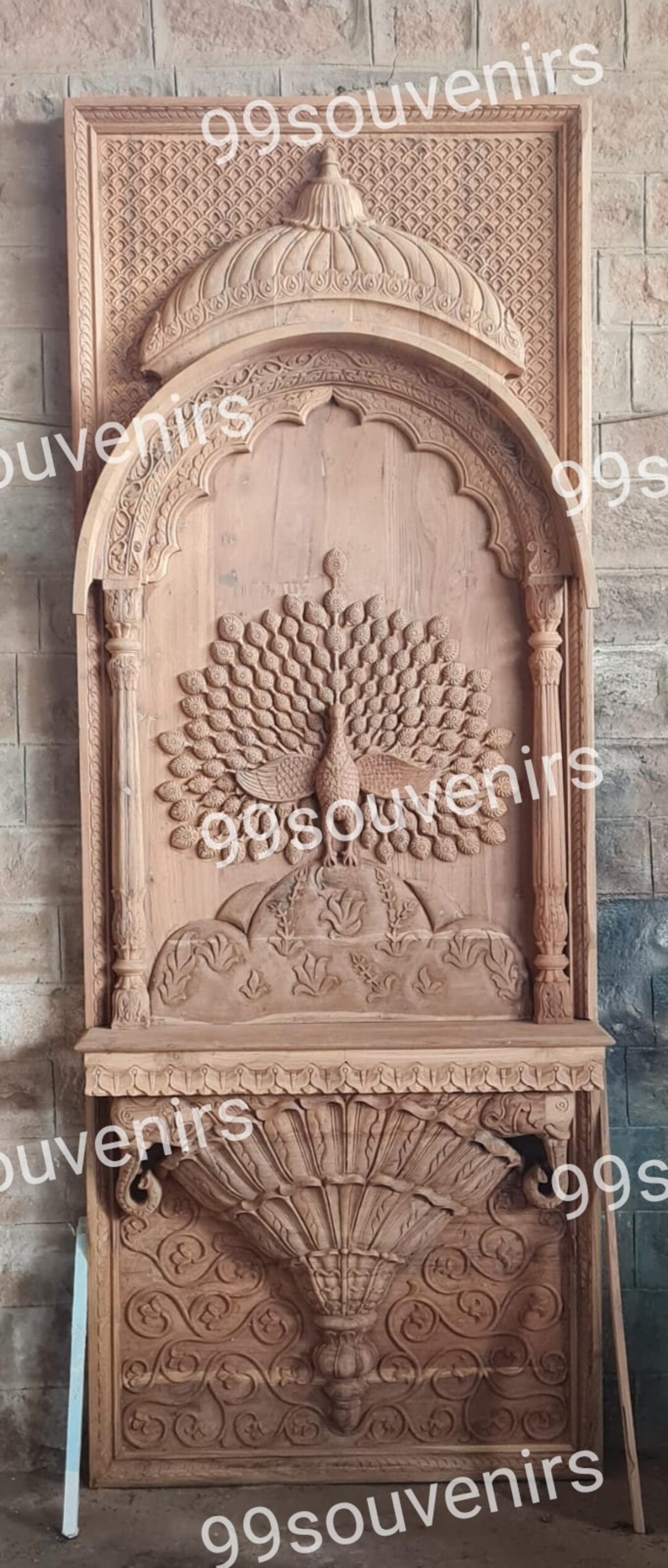 Indian Mandir Wall Hanging, Peacock Carved Large Wall Panel, Wooden ...