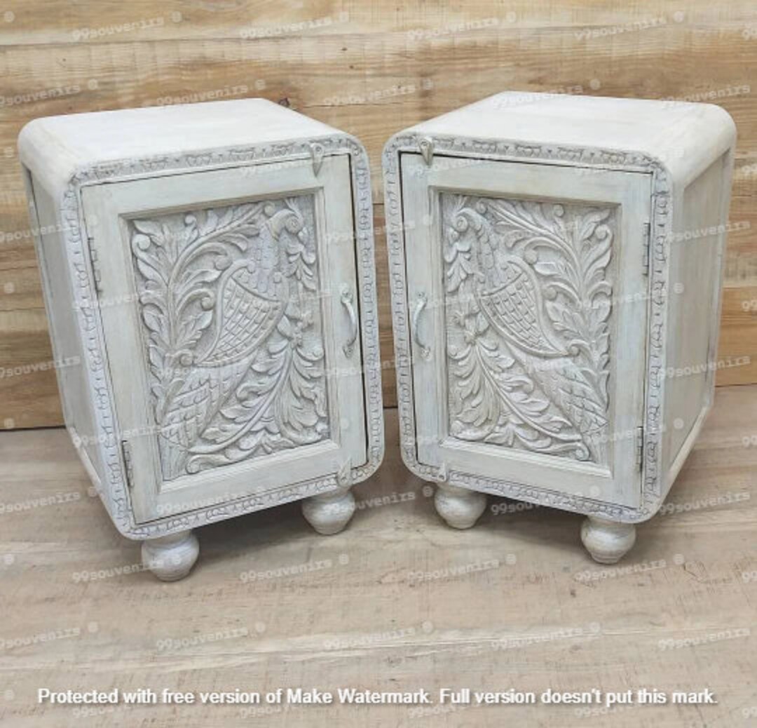 Rustic White Side Table, Indian Peacock Bedside Table, Vintage Inspired ...