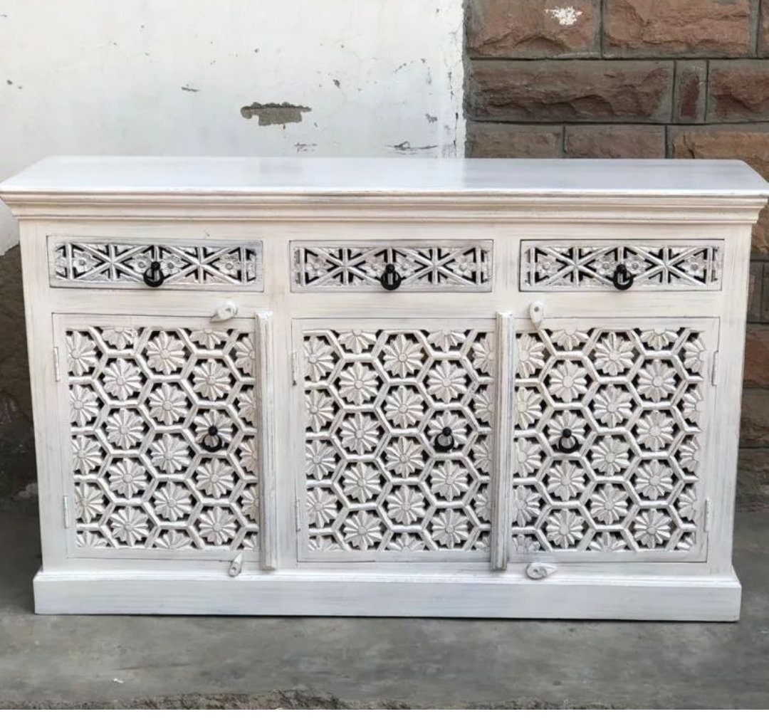 Vintage Inspired Indian Cabinet, Solid Wooden Rustic White Finish ...