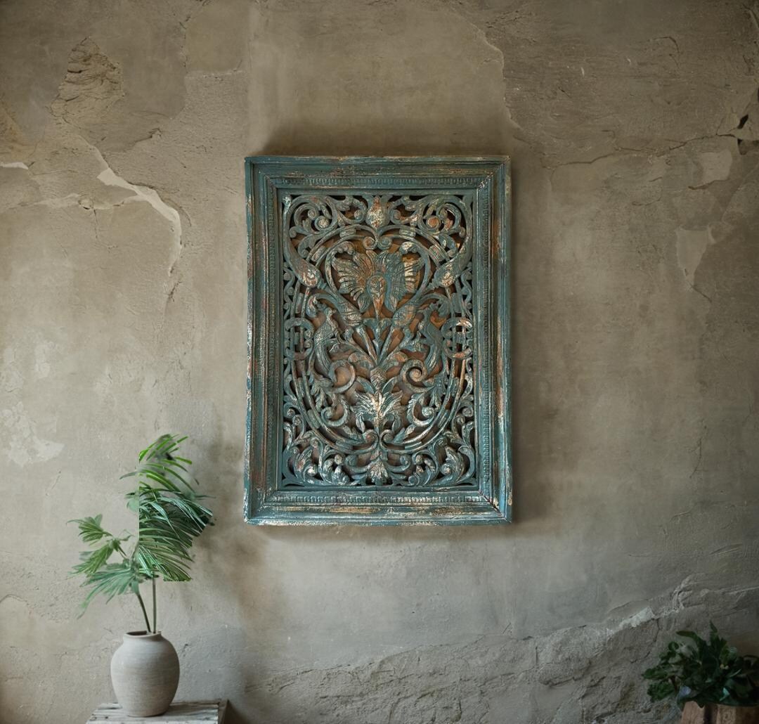 Antique Style Wall Panel in Rustic Finish, Carved Wooden Wall Hanging ...