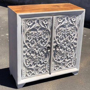Carved Rustic Indian Cabinet, Solid Wooden Distressed White Finish ...