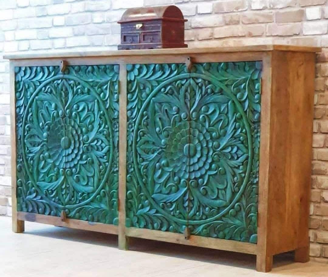 Indian Rustic Cabinet, Carved Wooden Dresser, Boho Living Room Cabinet ...