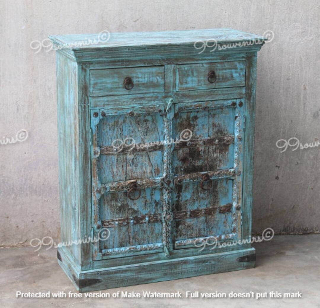 Indian Rustic Cabinet, Carved Wooden Cabinet, Distressed Rustic Blue ...