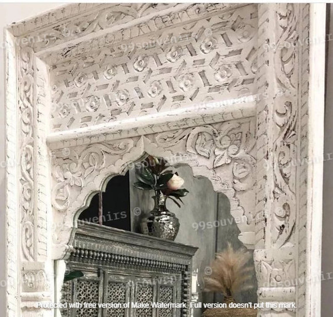 Bohemian Rustic Mirror White Wooden Wall Mirror Indian Arch - Etsy