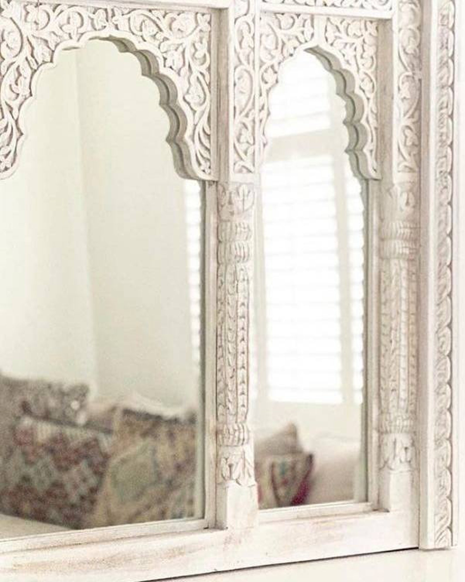 Indian Jharokha Mirror: Triple Arch Carved Mango Wood Rustic White Wall ...