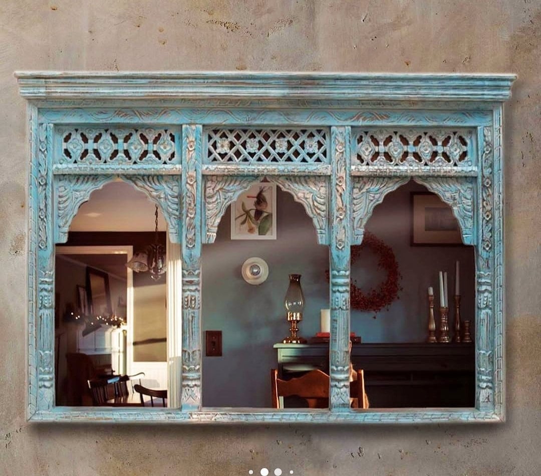 Indian Jharokha Mirror, Rustic Blue Arch Mirror, Carved Wooden Wall ...