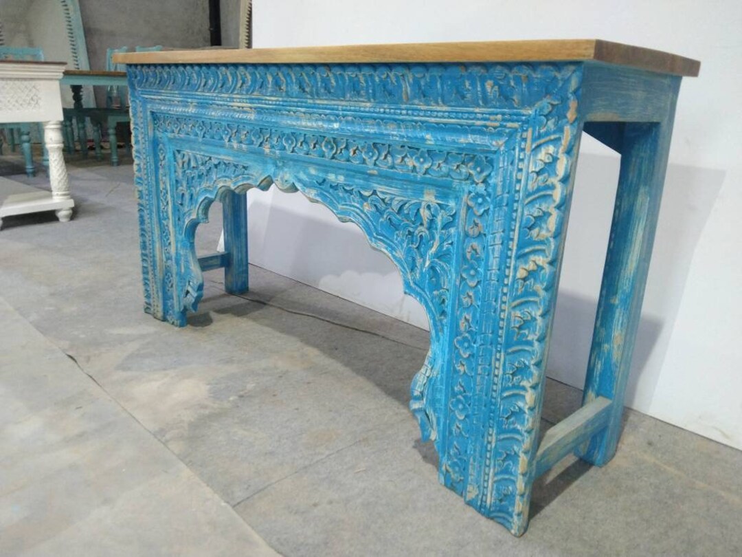 Vintage Style Console Table, Wooden Rustic Blue Console, Carved Indian ...