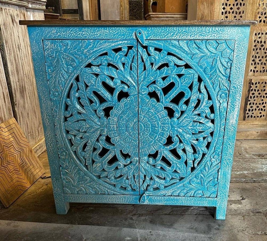Indian Cabinet, Carved Wooden Sideboard, Boho Living Room Cabinet ...