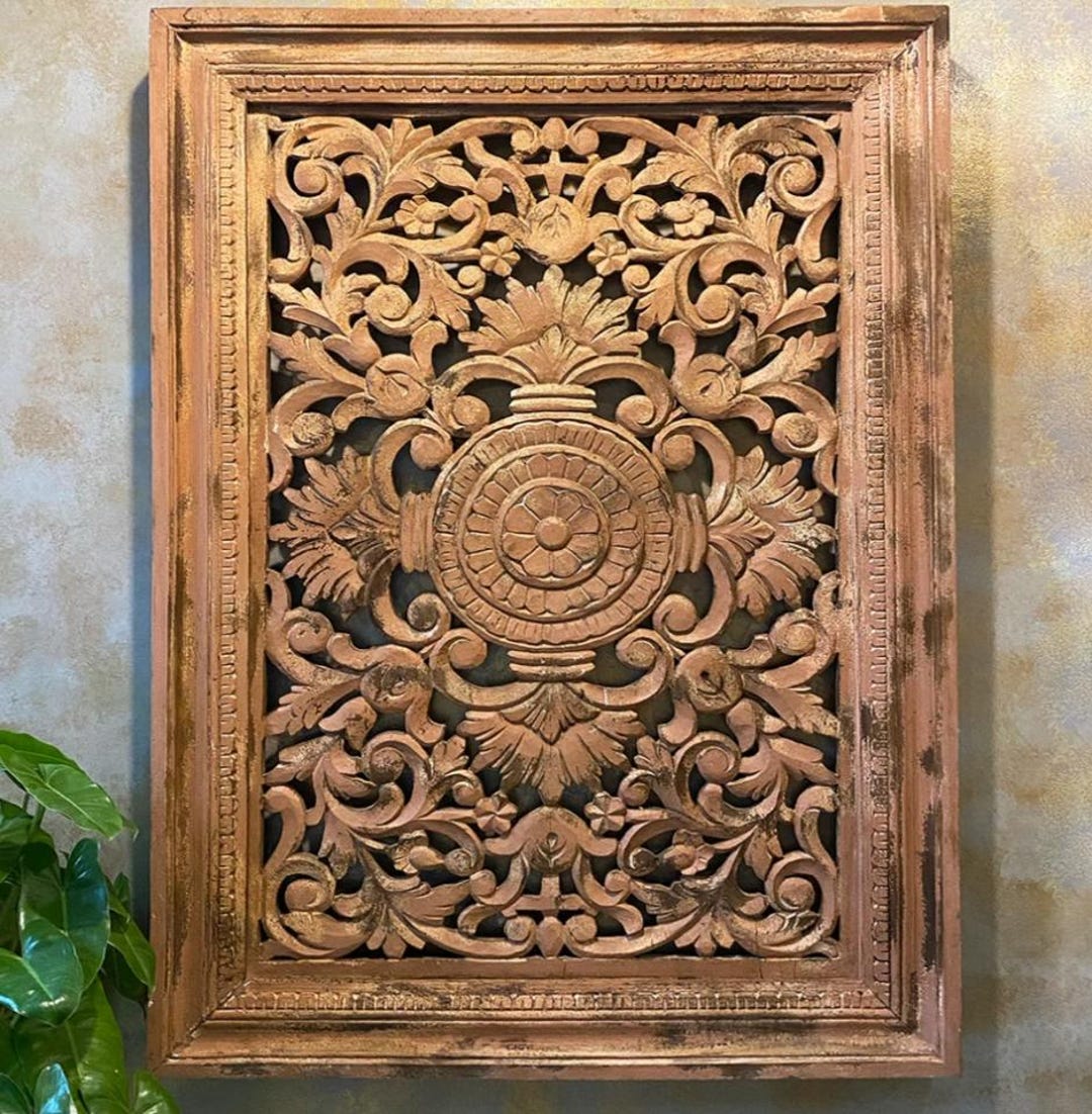 Antique Inspired Wall Panel With Intricate Floral Carvings, Carved ...