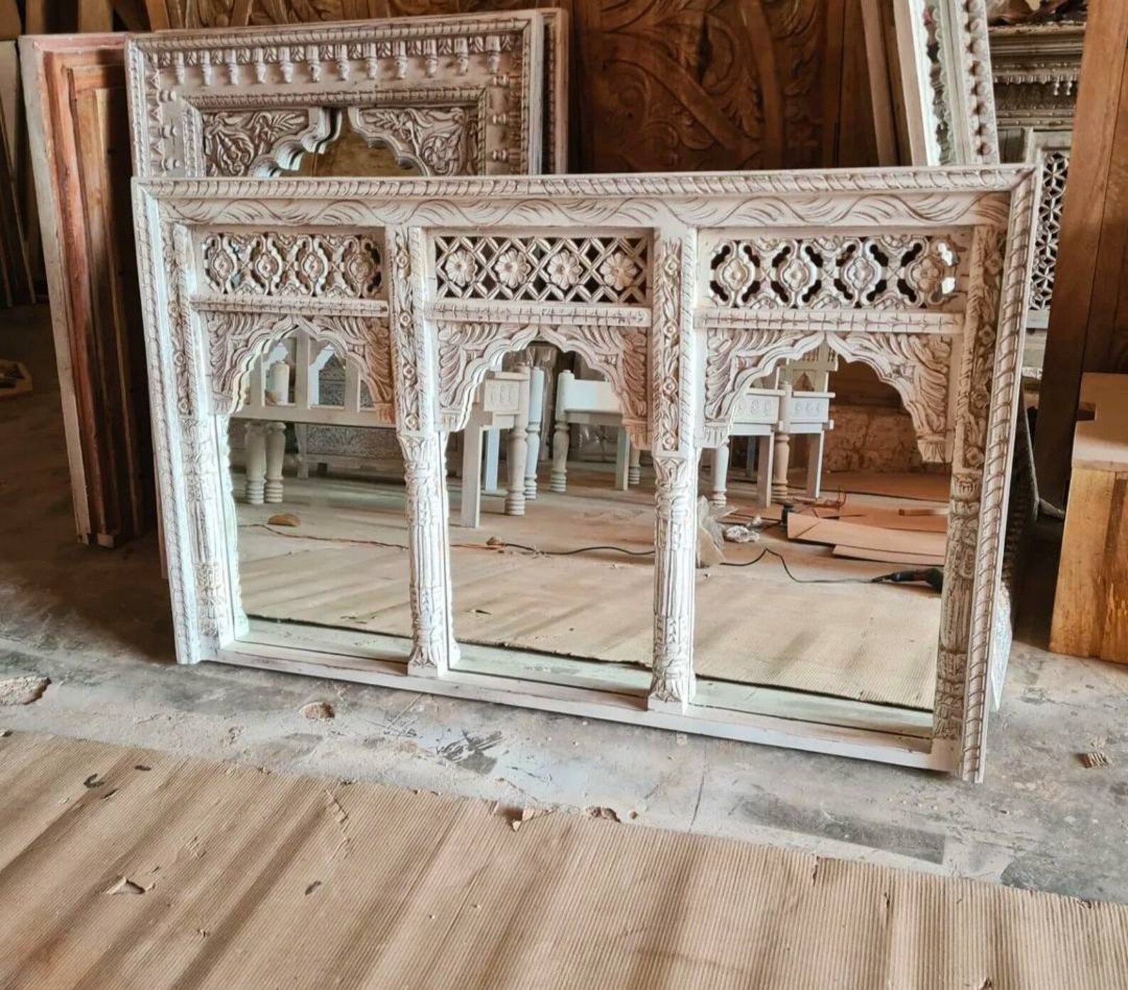 Indian Jharokha Mirror, Long Arch Wall Mirror, Carved Wooden Mirror ...