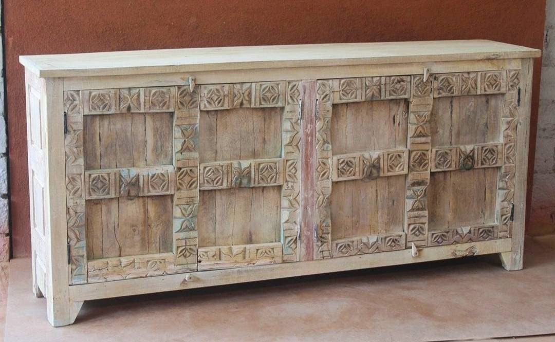 Vintage Style Indian Cabinet, Floral Carved Rustic White Wooden Console ...