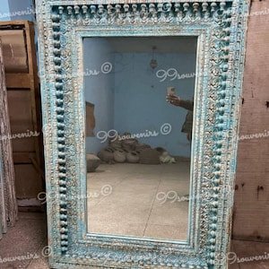 Rustic Blue Spindle Mirror, Carved Wooden Barn Mirror, Indian Vintage ...