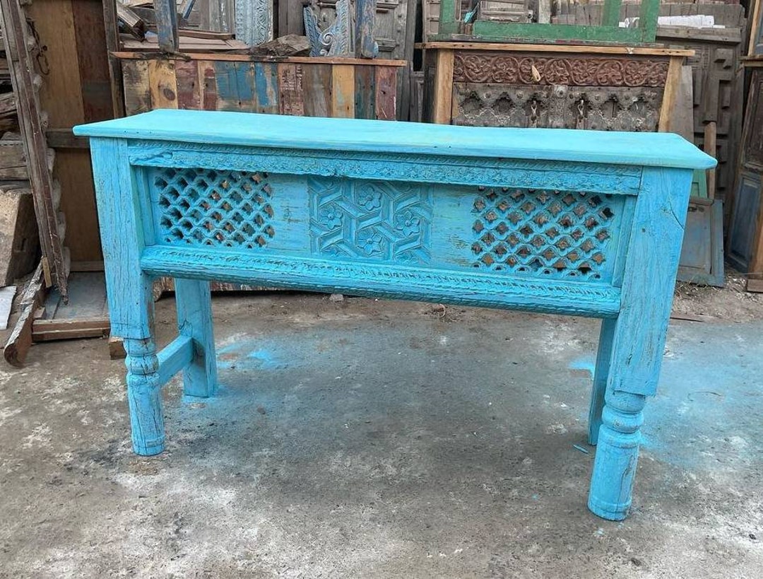 Vintage Inspired Console Table, Wooden Rustic Blue Console, Carved ...