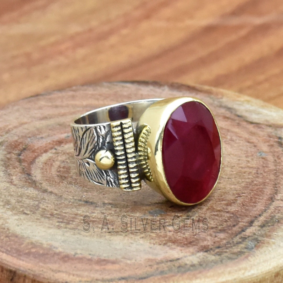 Indian Ruby Ring, Wide Band Two Tone Ring, 925 Sterling Silver Ring ...