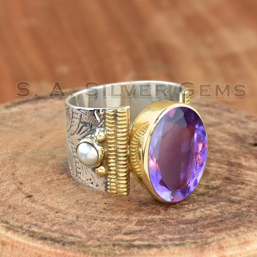 Handmade Amethyst & Pearl Ring: Two-tone 925 Sterling Silver Wide Band ...