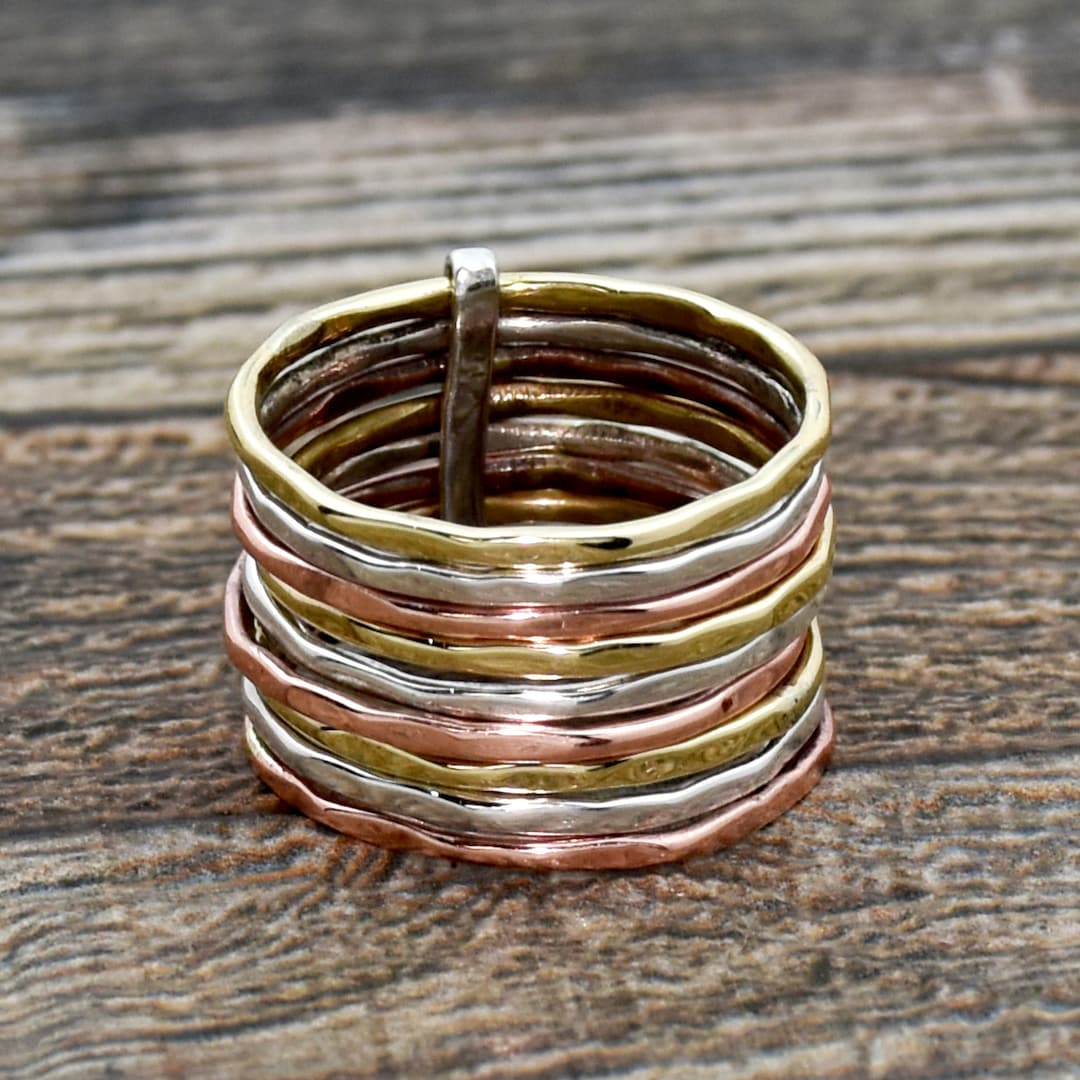 Hammered 925 Sterling Silver Multi-band Ring: Two Tone Brass & Copper ...