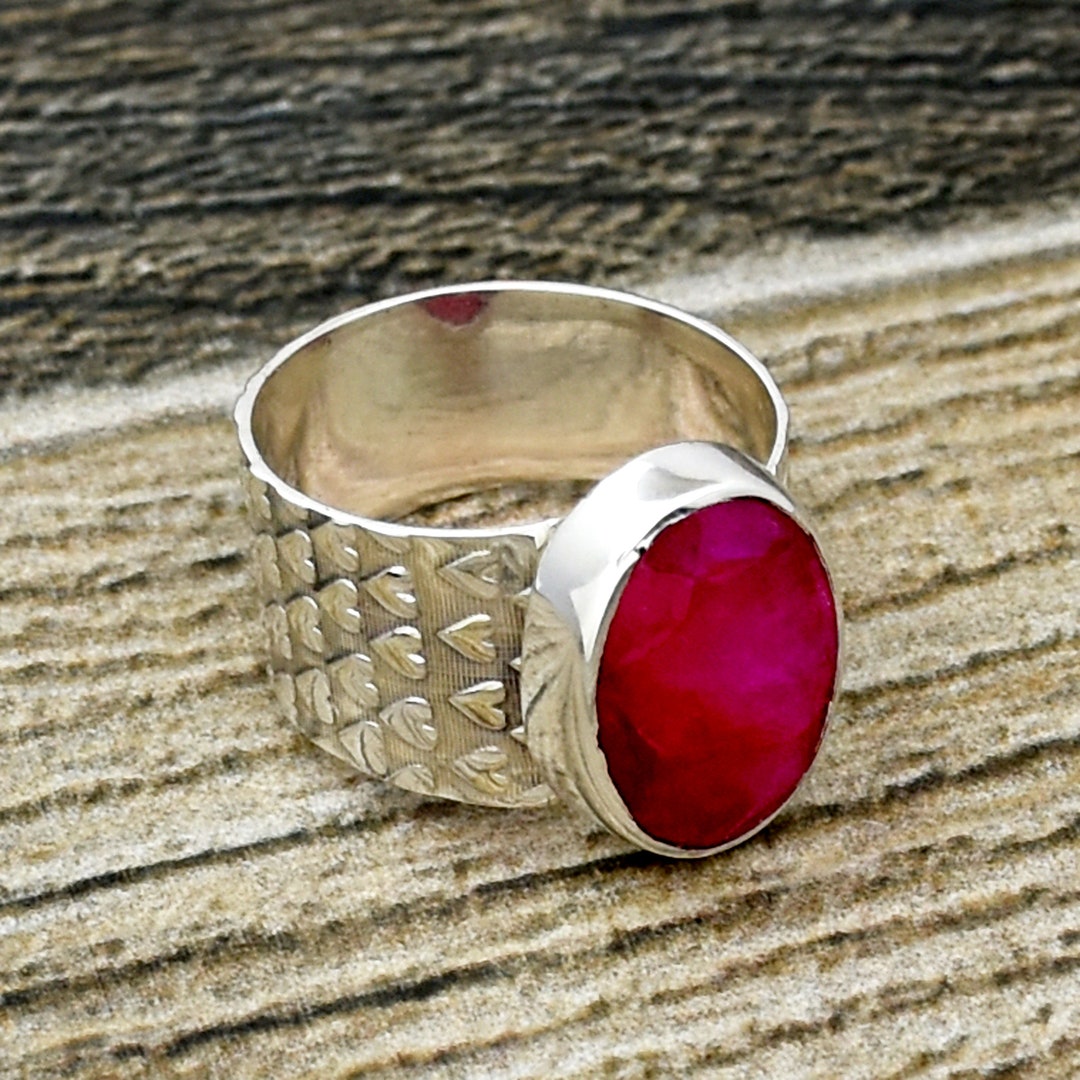 Handmade Indian Ruby Ring: Heart Textured925 Sterling Silver Band ...