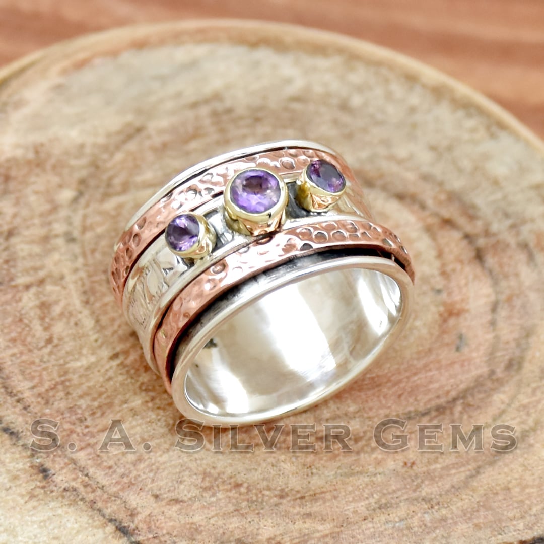 Spinner Ring, Amethyst Three Tone Ring, Handmade Ring, 925 Sterling ...