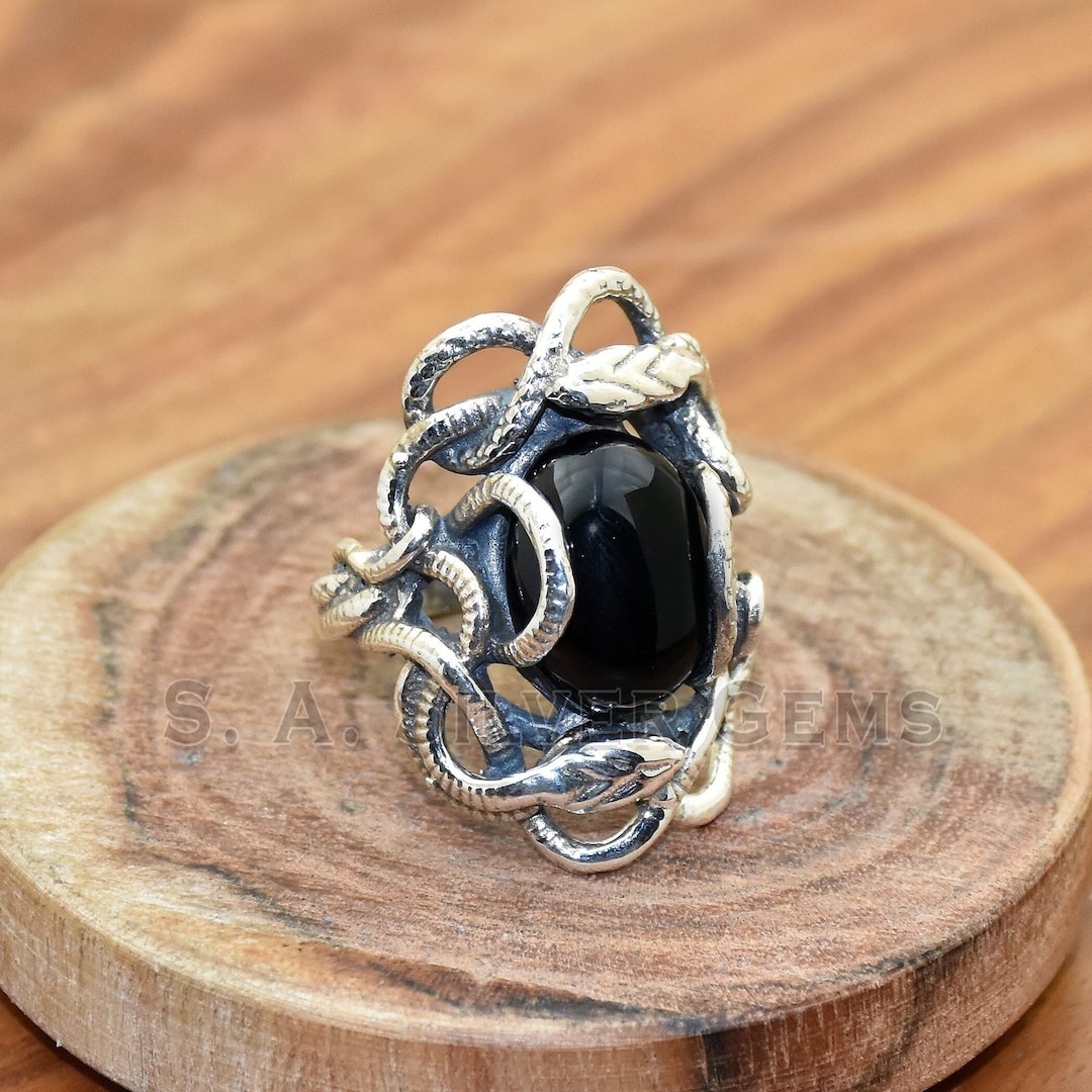 Black Onyx Snake Ring: Handmade 925 Sterling Silver Boho Jewelry - Etsy