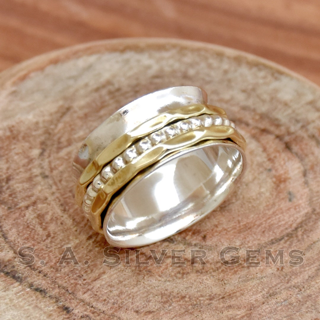 925 Sterling Silver Two Tone Spinner Ring: Hammered Meditation Band - Etsy