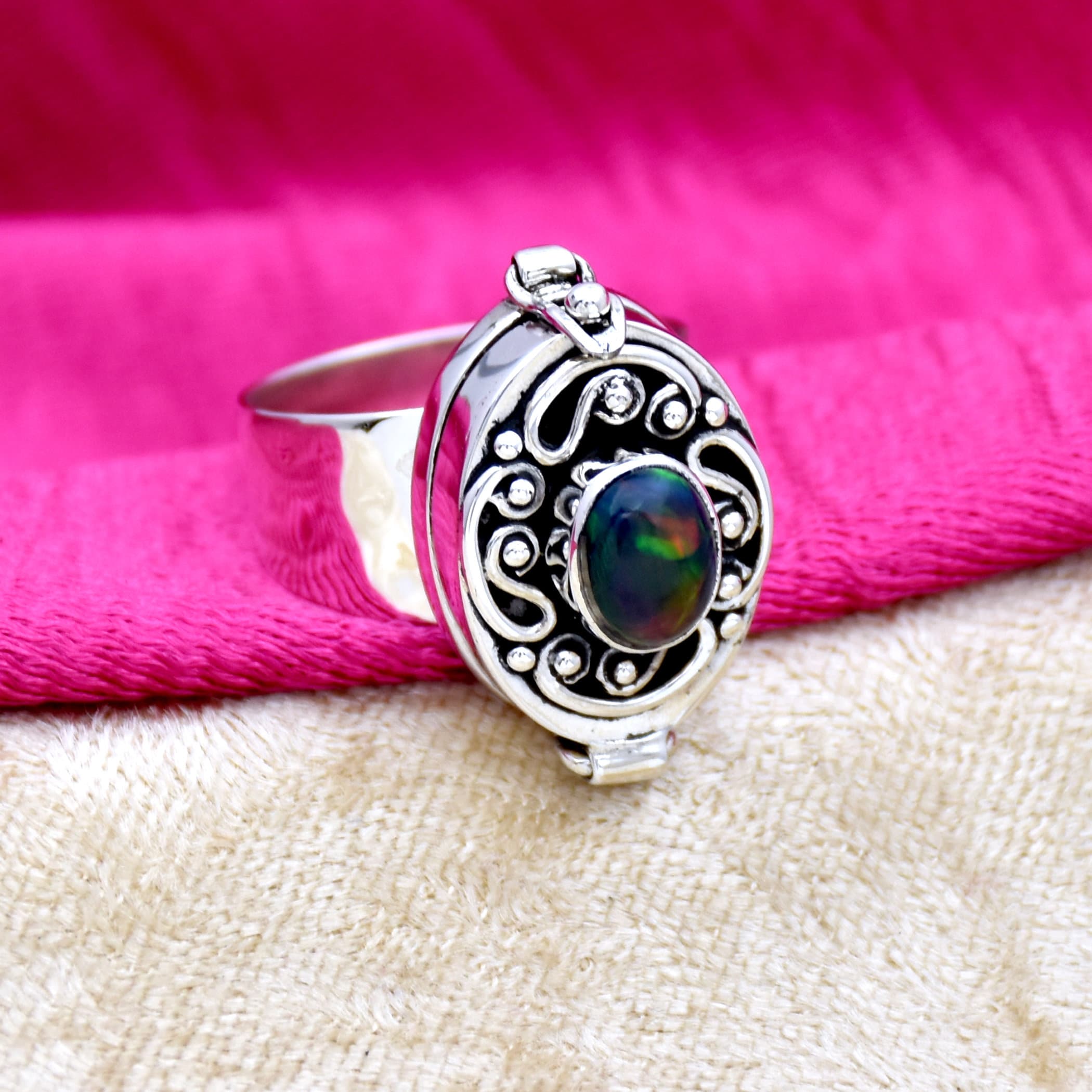 Poison Ring, 925 Sterling Silver, Ethiopian Black Opal Ring, Small Box ...