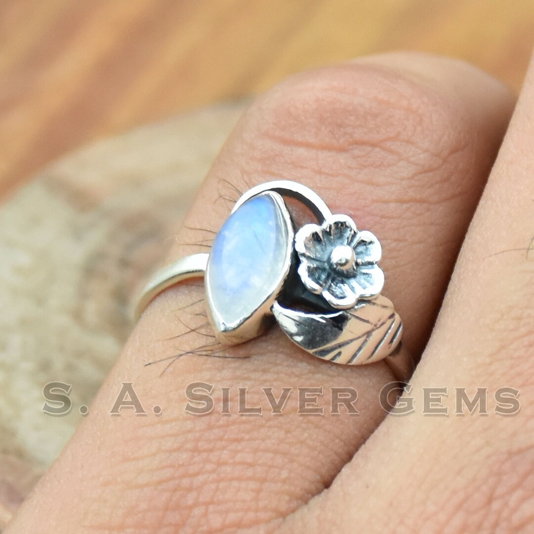Flower Moonstone Ring, Sterling Silver Ring, Genuine Moonstone ...