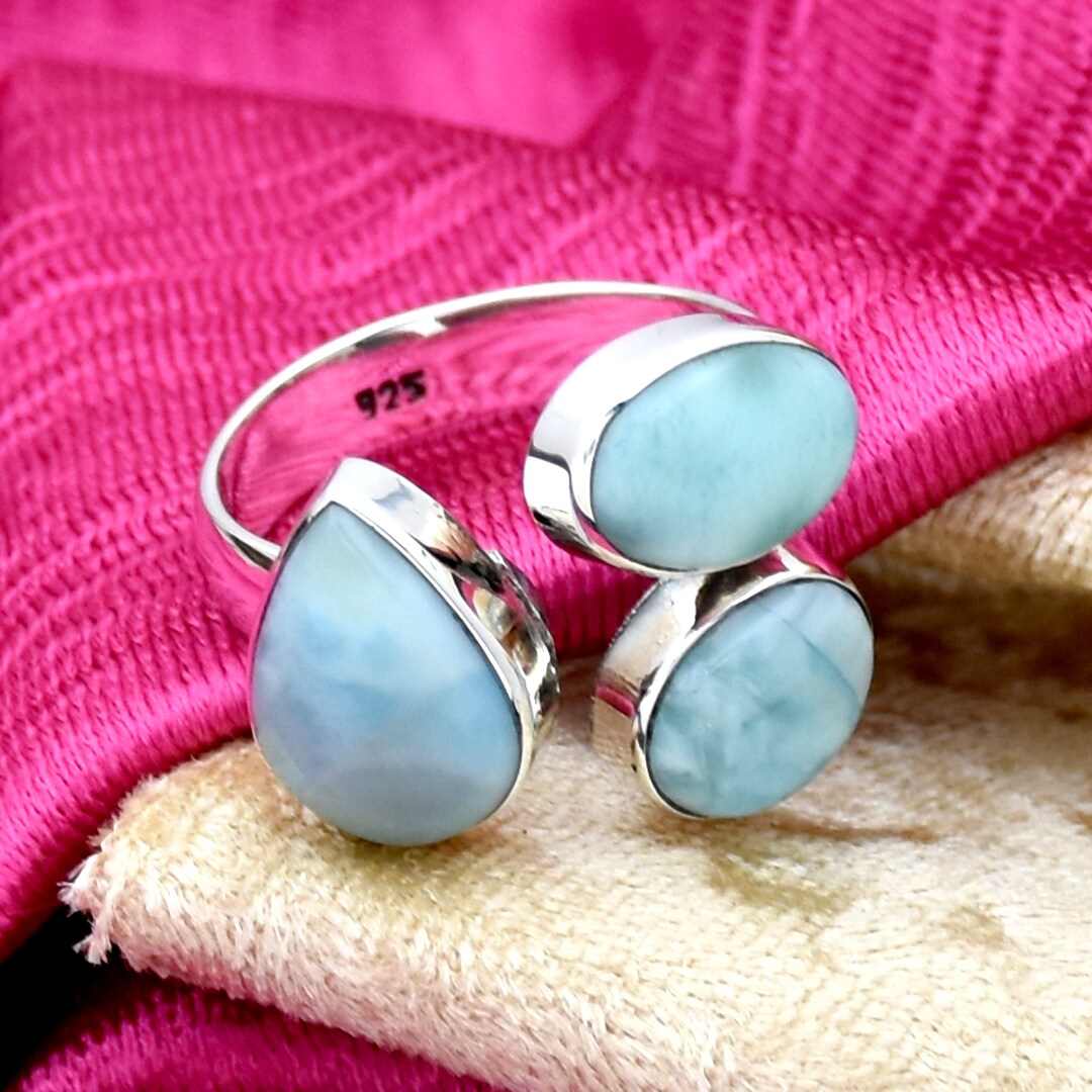 Natural Dominican Larimar 925 Sterling Silver Ring, Handmade Ring, Larimar Ring, Open Band Ring ...