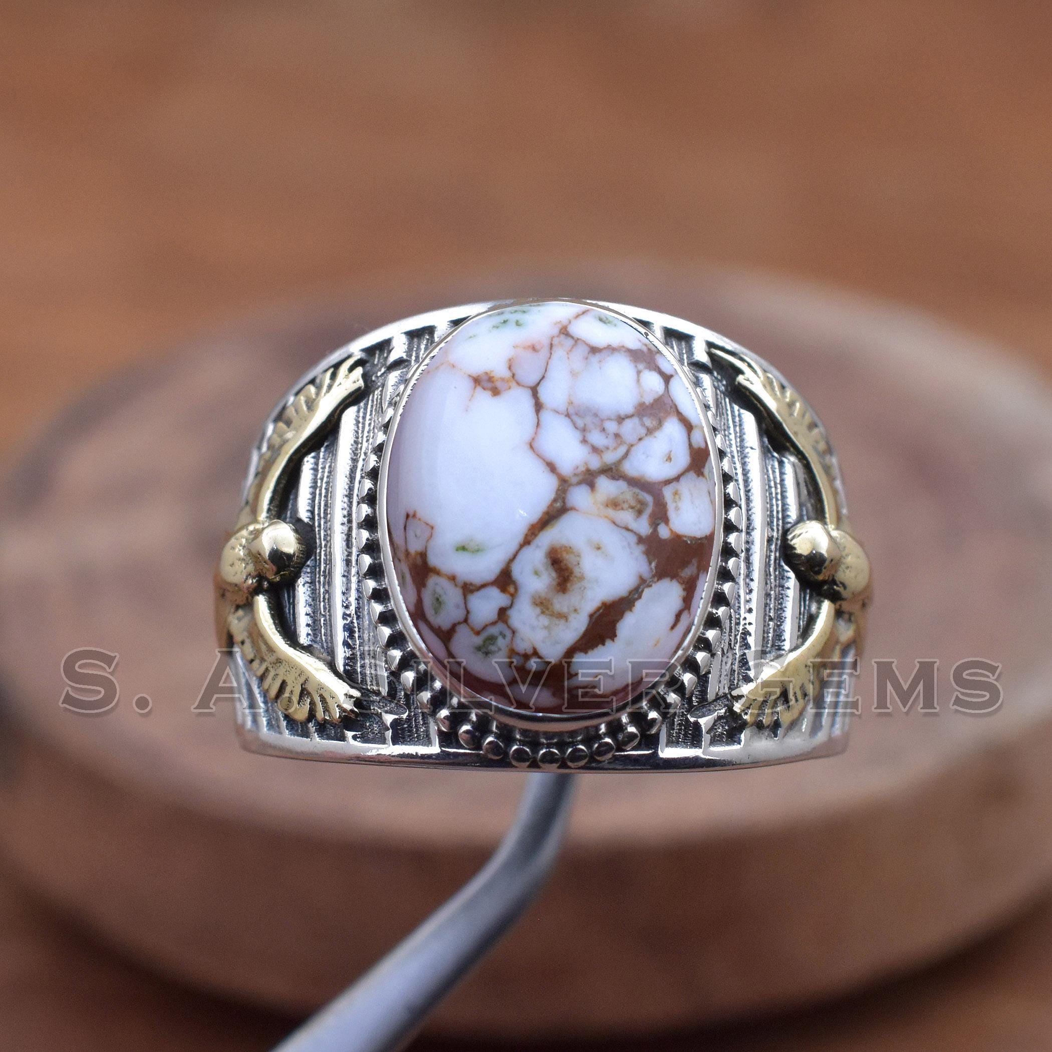 Natural Wild Horse Jasper Ring, 925 Sterling Silver Rings, Two-tone ...