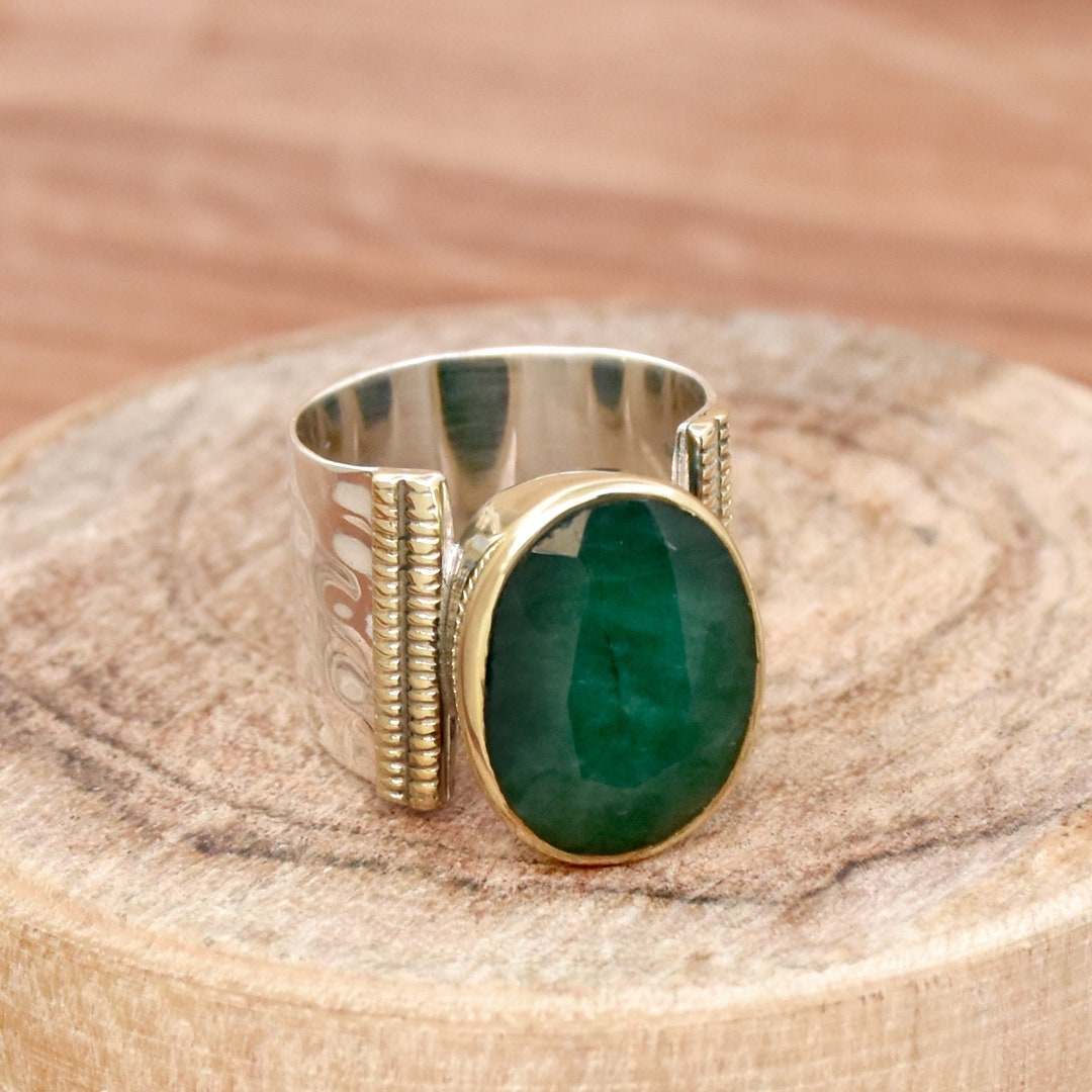 Handmade 925 Sterling Silver Emerald Ring: Two-tone Textured Design - Etsy